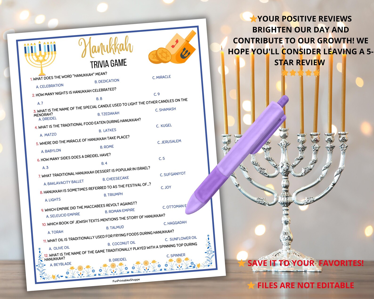 Hanukkah Trivia Game,jewish Trivia,hanukkah Printable Trivia,holiday ...