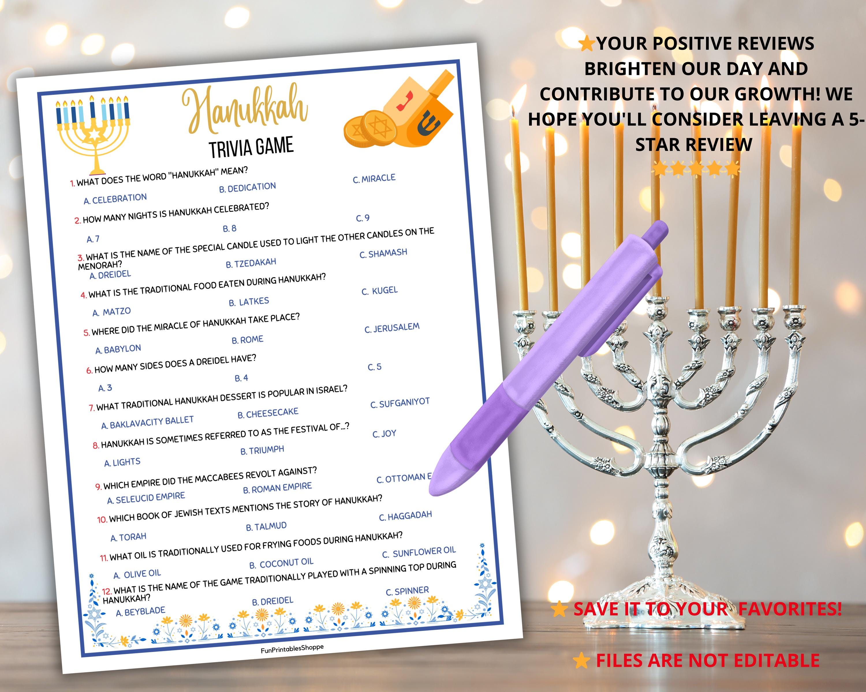 Hanukkah Trivia Game,jewish Trivia,hanukkah Printable Trivia,holiday ...