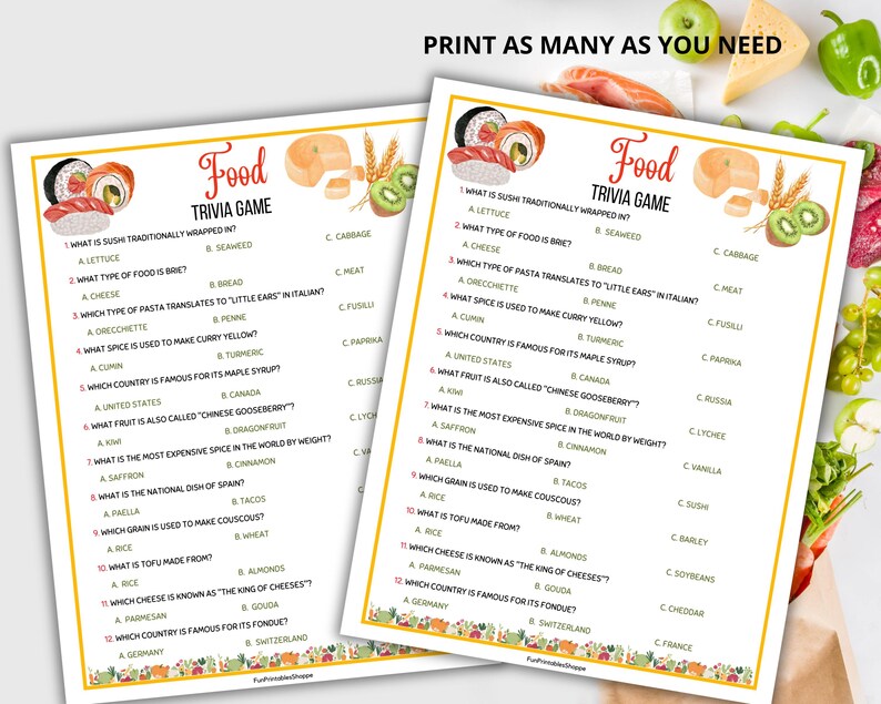 Food Trivia Game,culinary Trivia Game,food Quiz Print,family Food ...