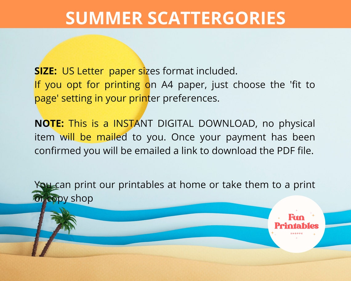 Summer Scattergories Game,summer Family Reunion,summer Fun Game,summer ...