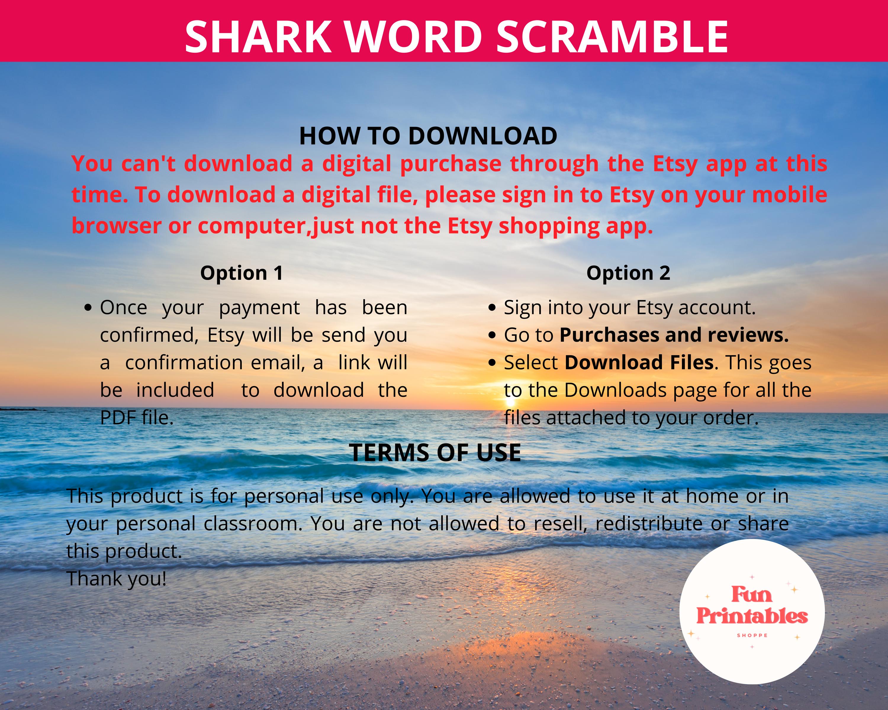 Shark Word Scramble,shark Party Game,word Search,shark Birthday Party ...