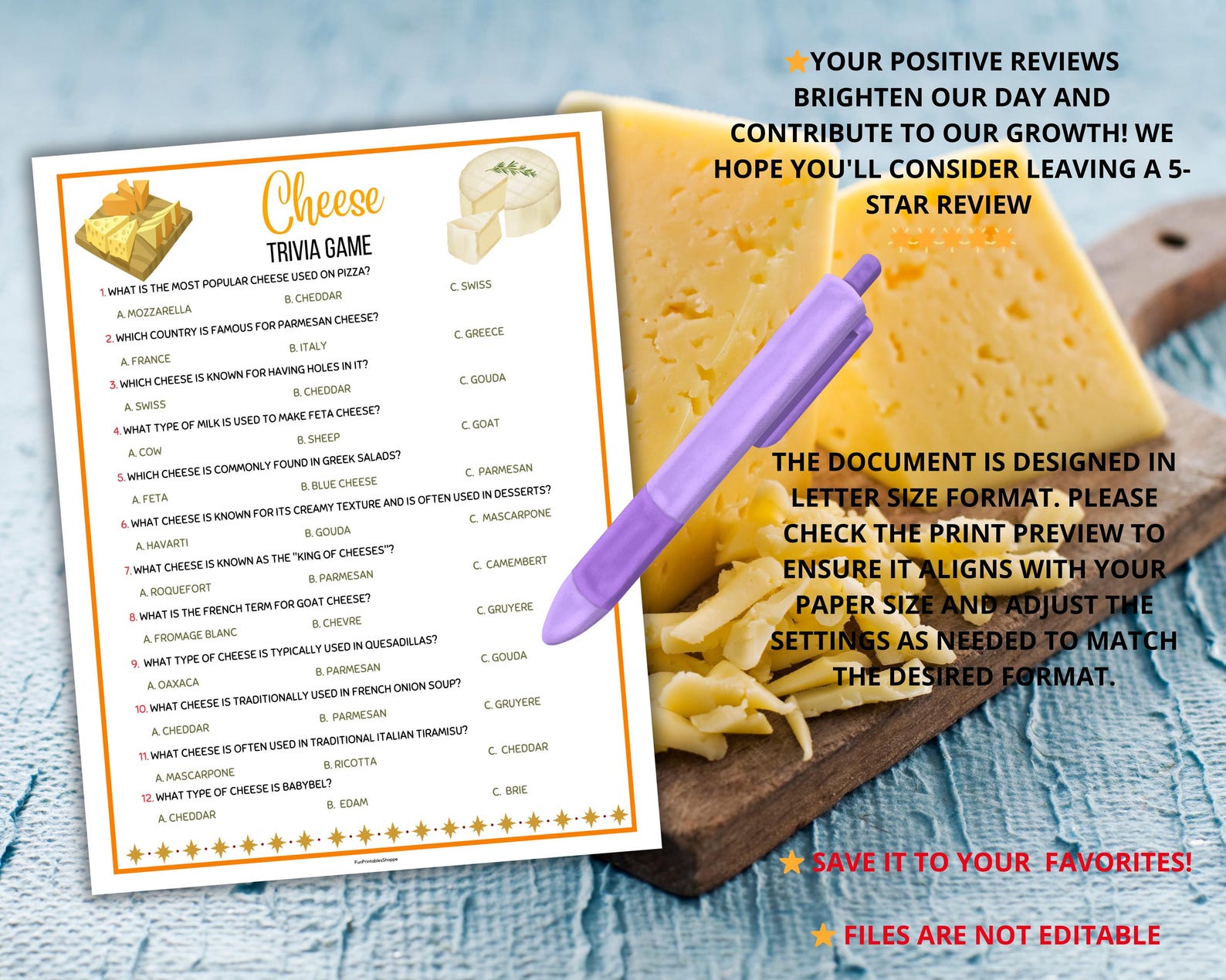 Cheese Trivia Game,printable Cheese Trivia,cheese Party Game,food ...