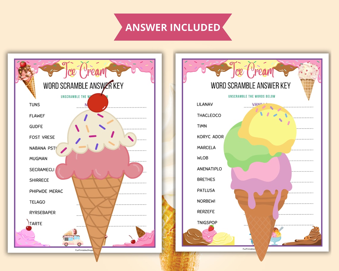 Ice Cream Word Scramble,ice Cream Party Game,word Search,ice Cream ...