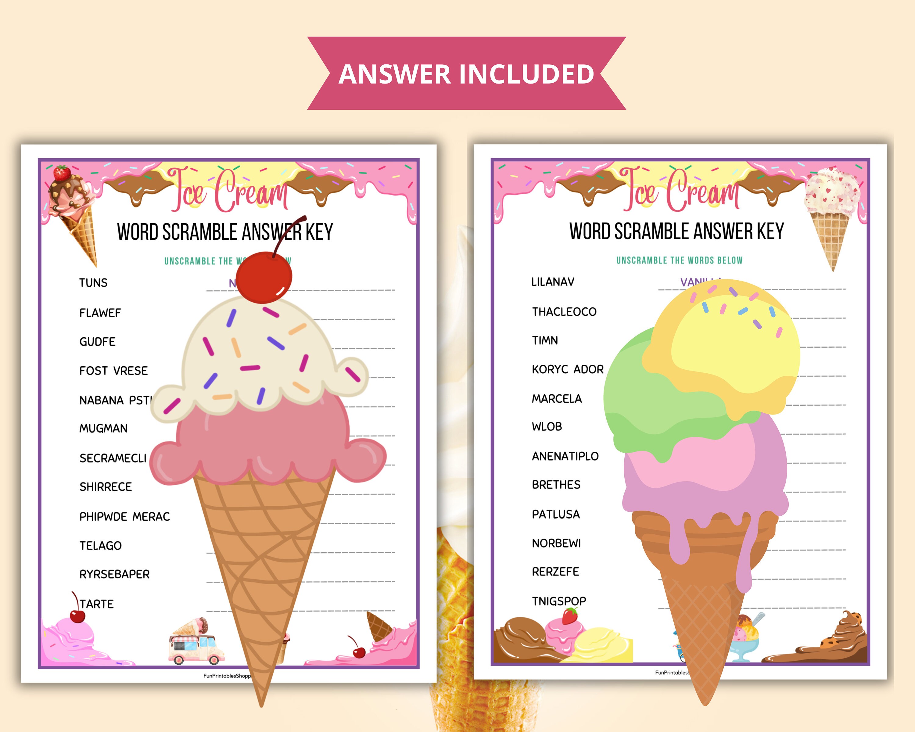 Ice Cream Word Scramble,ice Cream Party Game,word Search,ice Cream ...