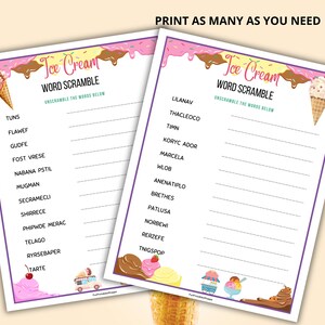 Ice Cream Word Scramble,ice Cream Party Game,word Search,ice Cream ...
