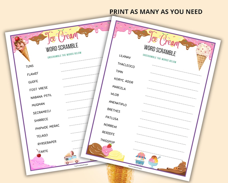 Ice Cream Word Scramble,ice Cream Party Game,word Search,ice Cream ...