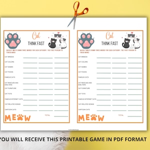 Cat Think Fast Game,cat Party Activity,cat Birthday Party,pets Game,cat Trivia,name 3,cat Party ...