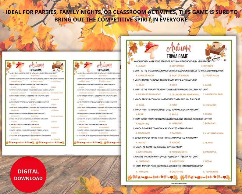 Fall Trivia Game,autumn Trivia Quiz,fall Party Game,autumn Activity ...