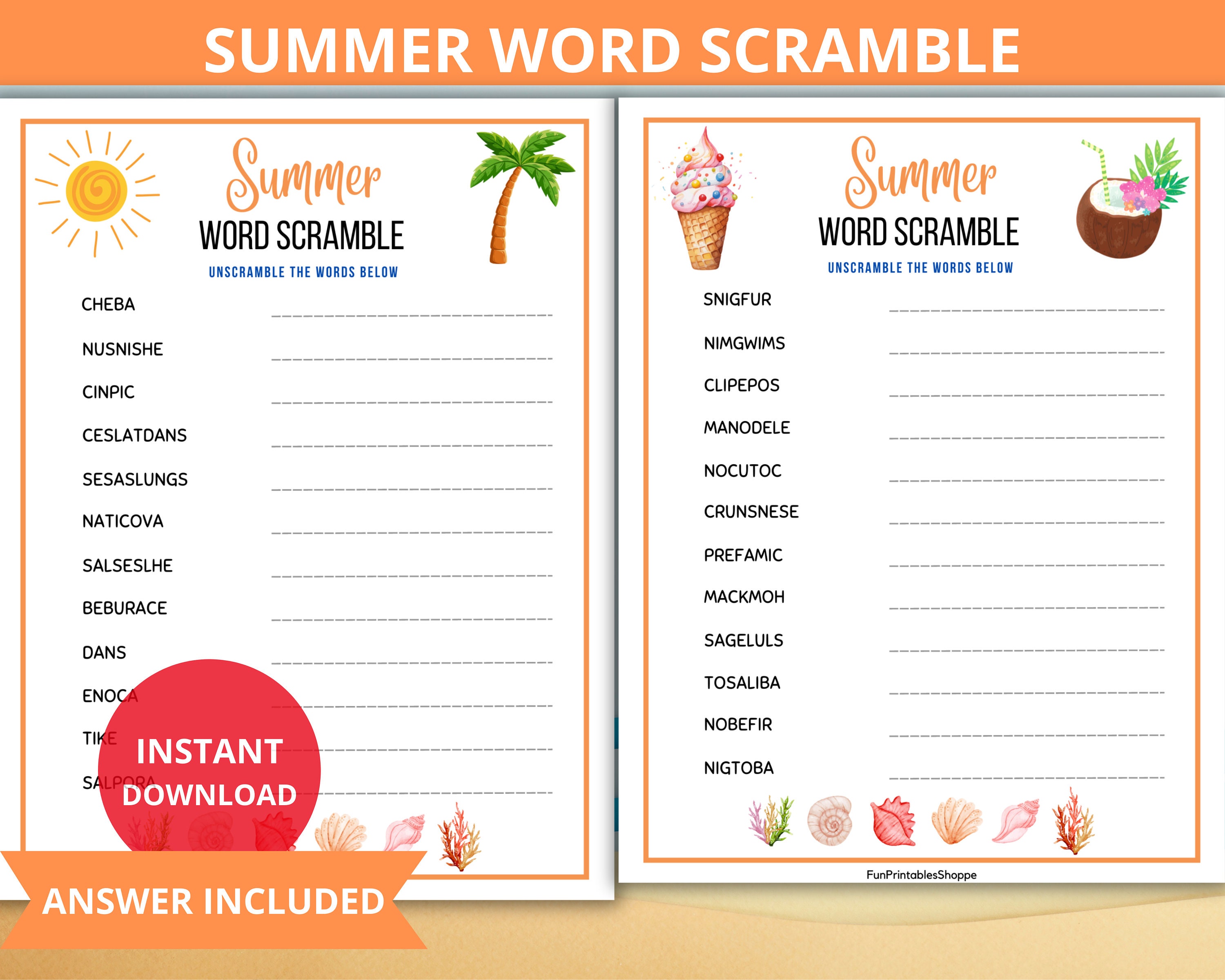 Summer Word Scramble,summertime Games,summer Party Games,summer ...