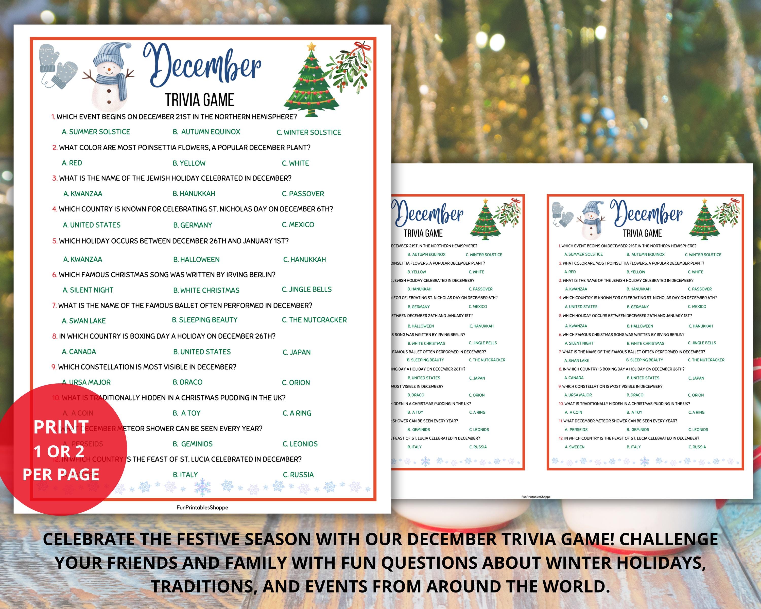 December Trivia Game,winter Holiday Game,december Quiz,winter Season ...