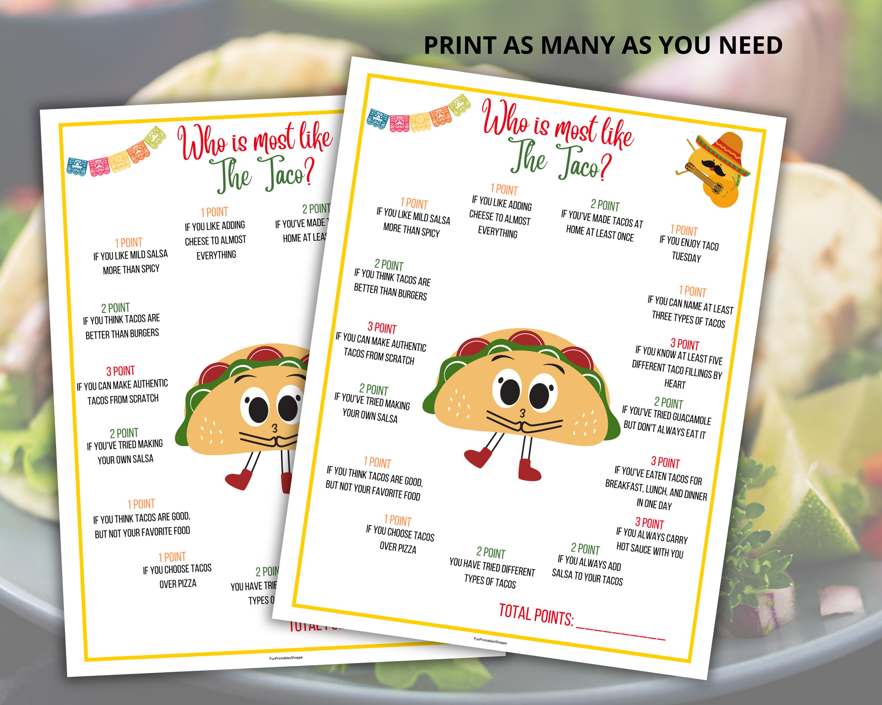 Who is Most Like the Taco,mexican Party Game,taco Tuesday Game,taco ...