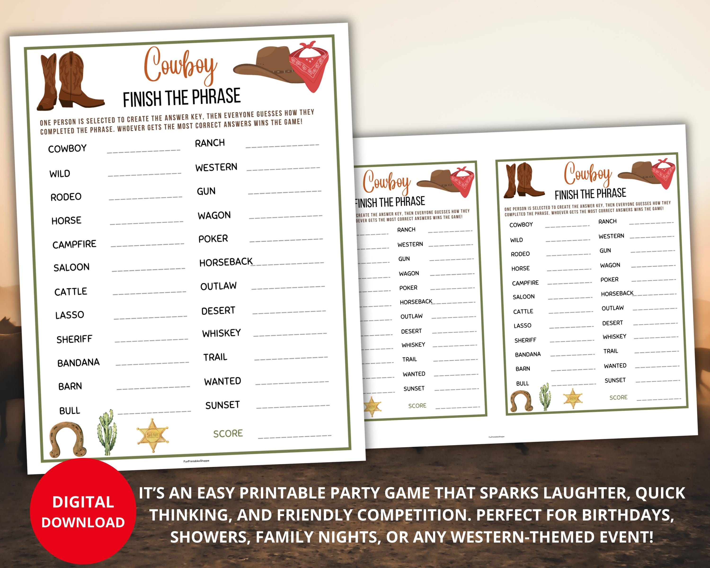 Cowboy Finish the Phrase,cowboy Trivia Quiz,western Party Game,cowboy ...