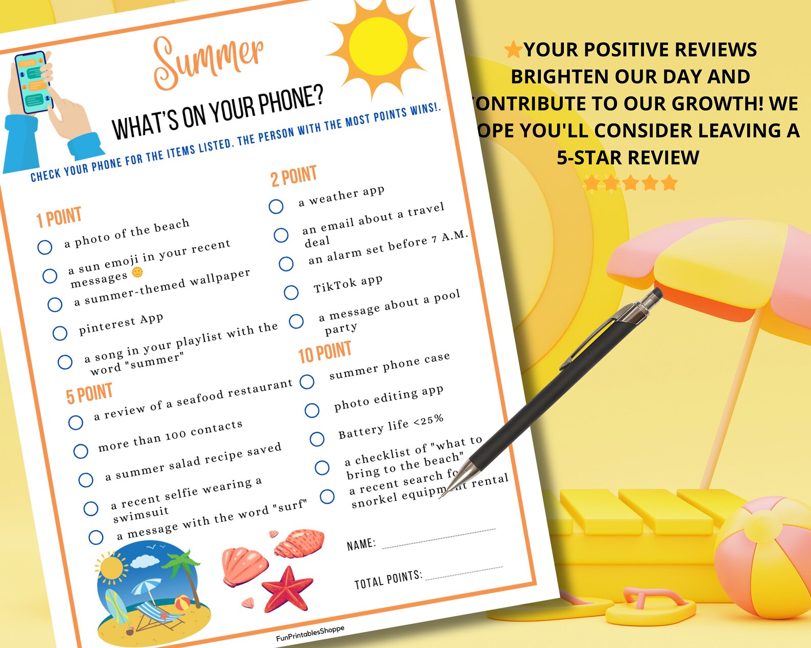 Summer Whats in Your Phone,summer Party Game,phone Game,pool Party ...