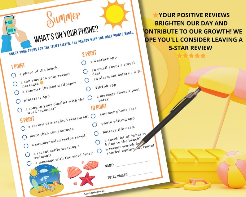 Summer Whats in Your Phone,summer Party Game,phone Game,pool Party ...