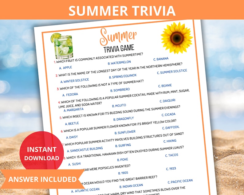 Summer Trivia Game,summer Office,summer Quiz,summertime Game,pool Party ...