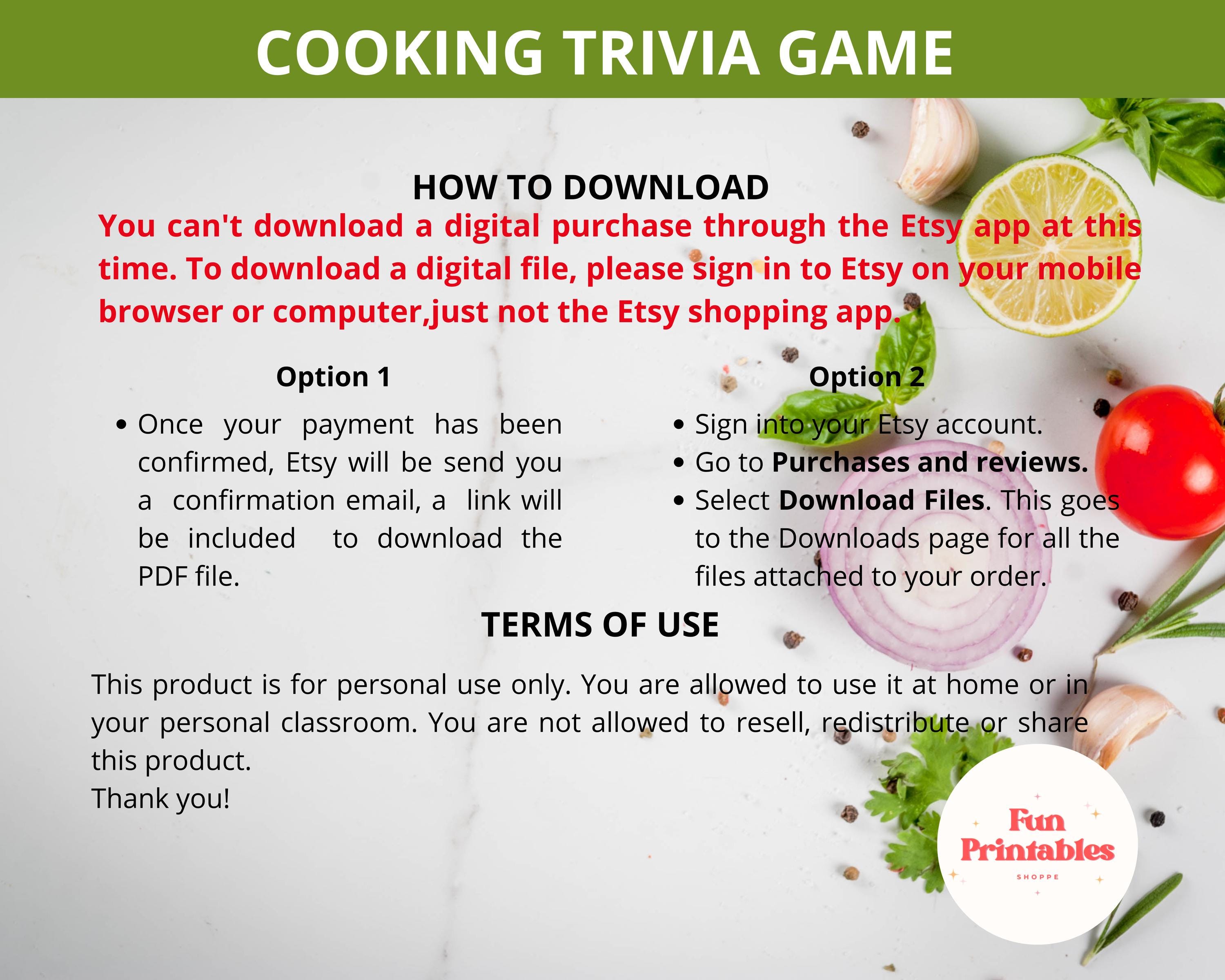 Cooking Trivia Game,food Trivia,cooking Quiz,kitchen Trivia,foodie ...