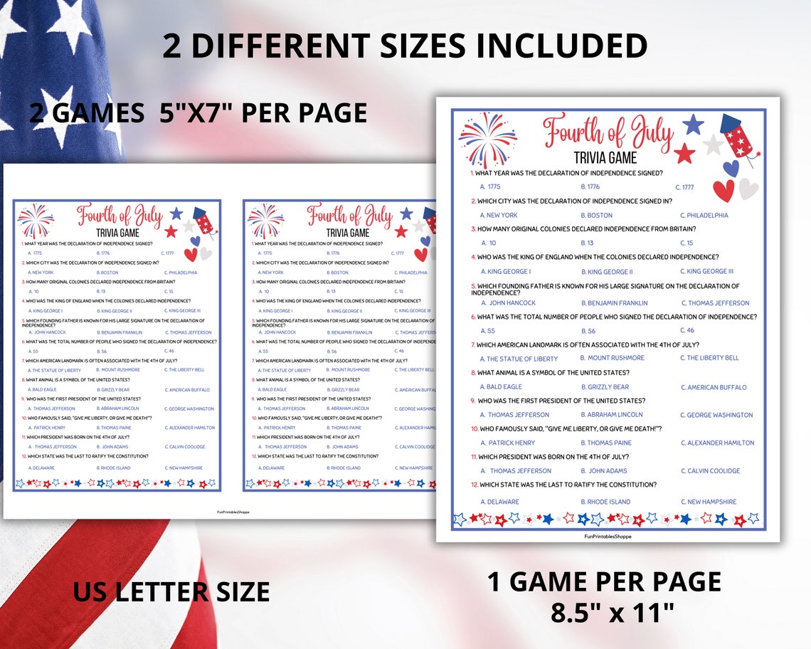 4th of July Trivia Game,july Trivia,summer Trivia Quiz,fourth or July ...