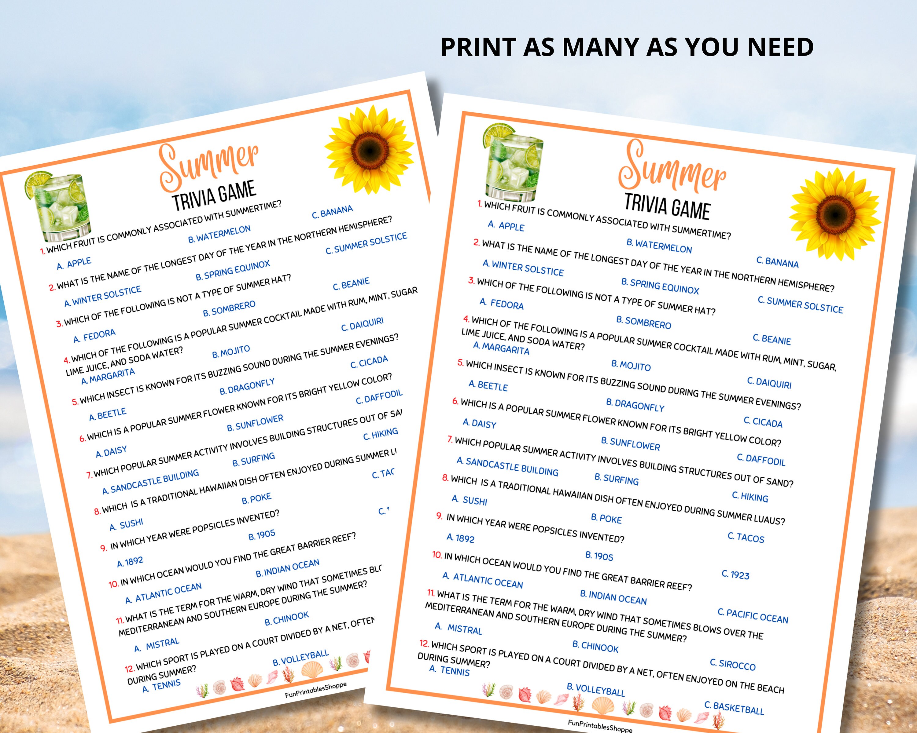 Summer Trivia Game,summer Office,summer Quiz,summertime Game,pool Party ...