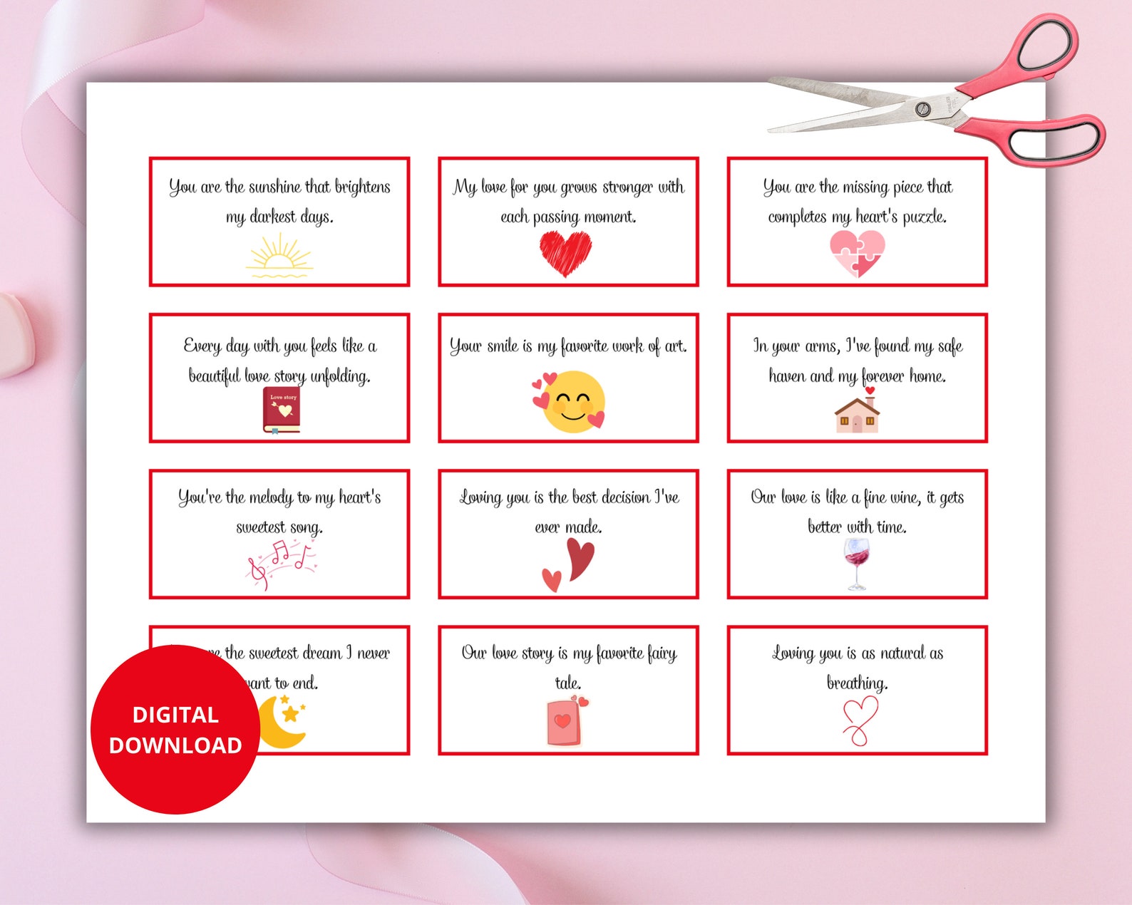 Printable Love Notes, Reasons I Love You, Love Note Box, Romantic Mini ...