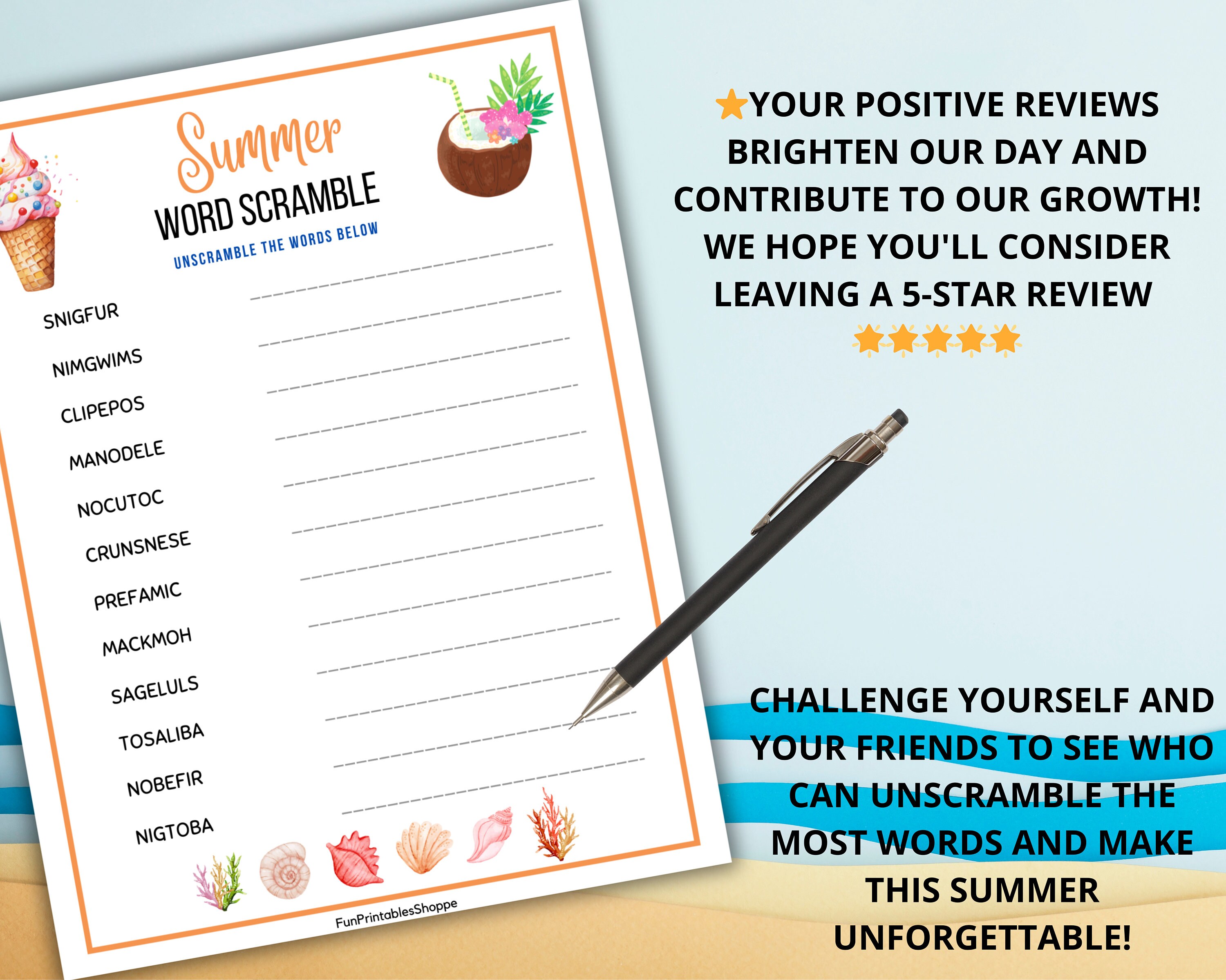 Summer Word Scramble,summertime Games,summer Party Games,summer ...