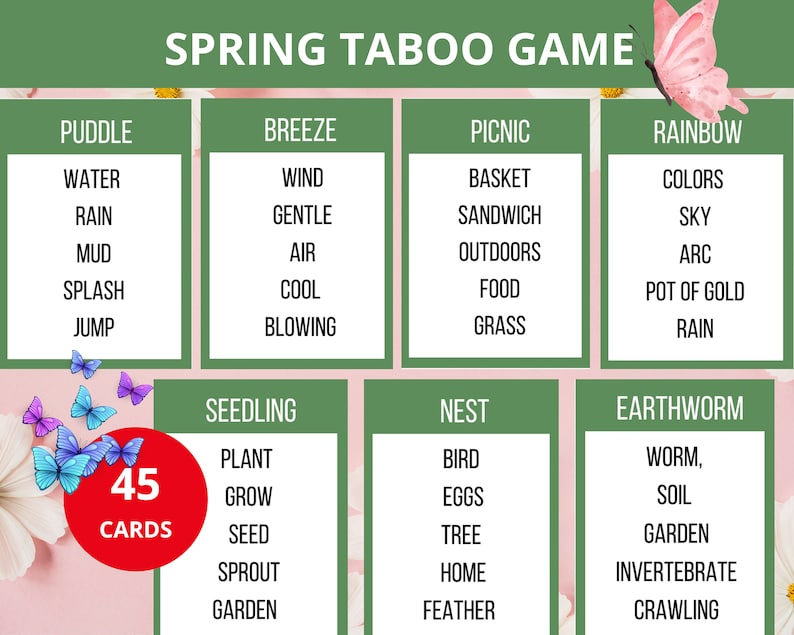 Spring Taboo Game, Spring Printable Game for Family,springtime Game ...