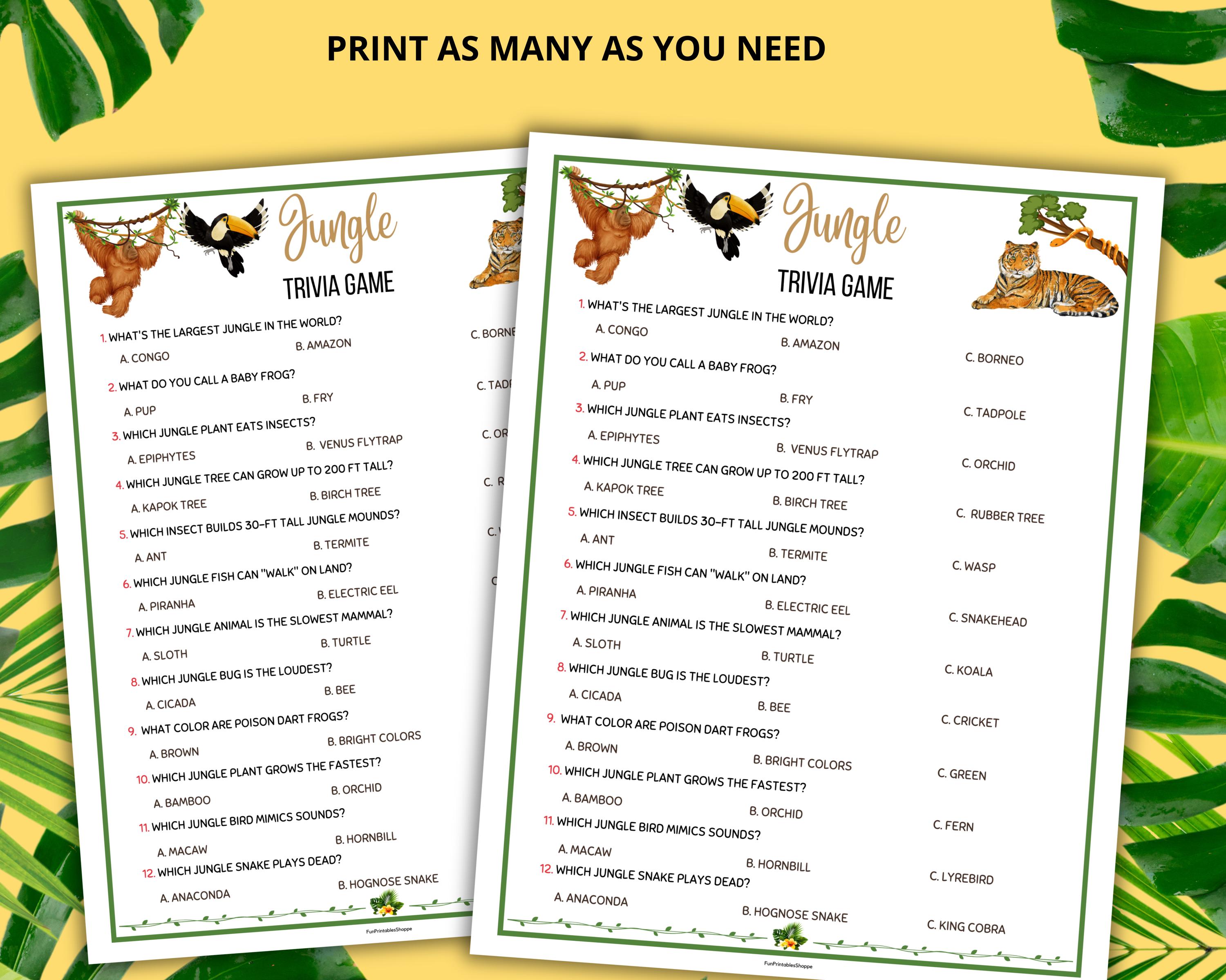 Jungle Trivia Game, Jungle Quiz,safari Trivia,rainforest Quiz Game,fun ...