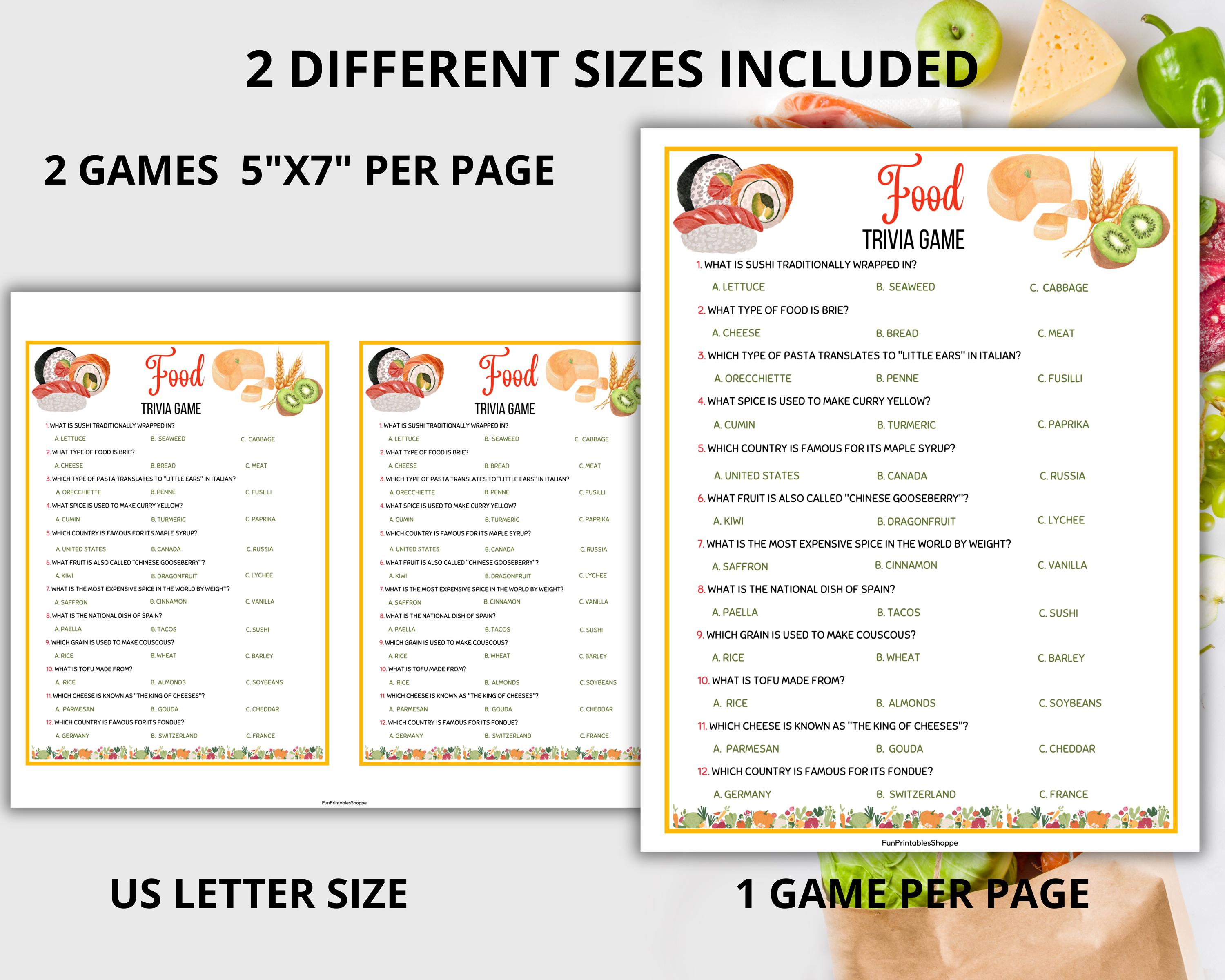 Food Trivia Game,culinary Trivia Game,food Quiz Print,family Food ...