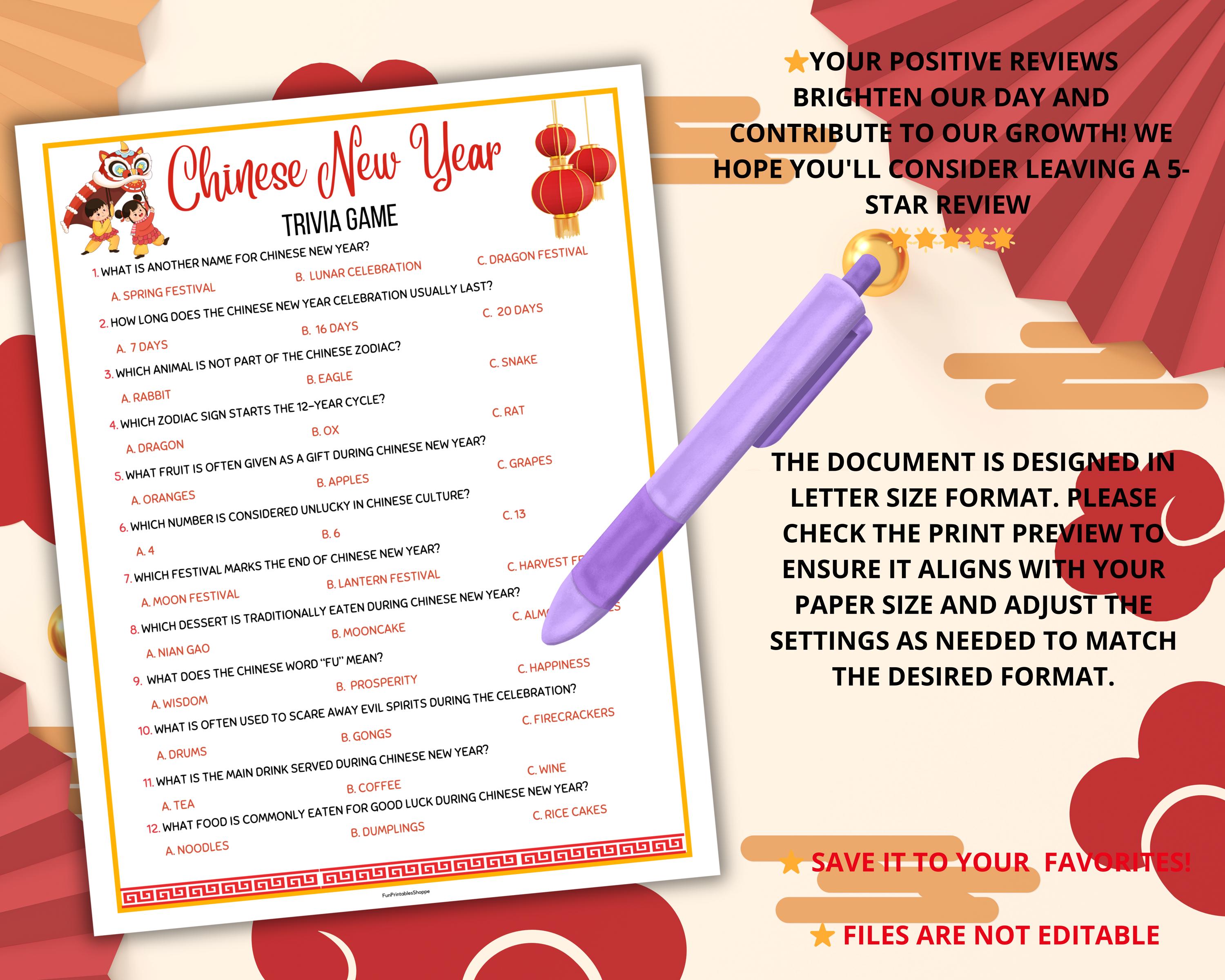 Chinese New Year Trivia,lunar New Year Activity,cny Quiz Game,chinese ...