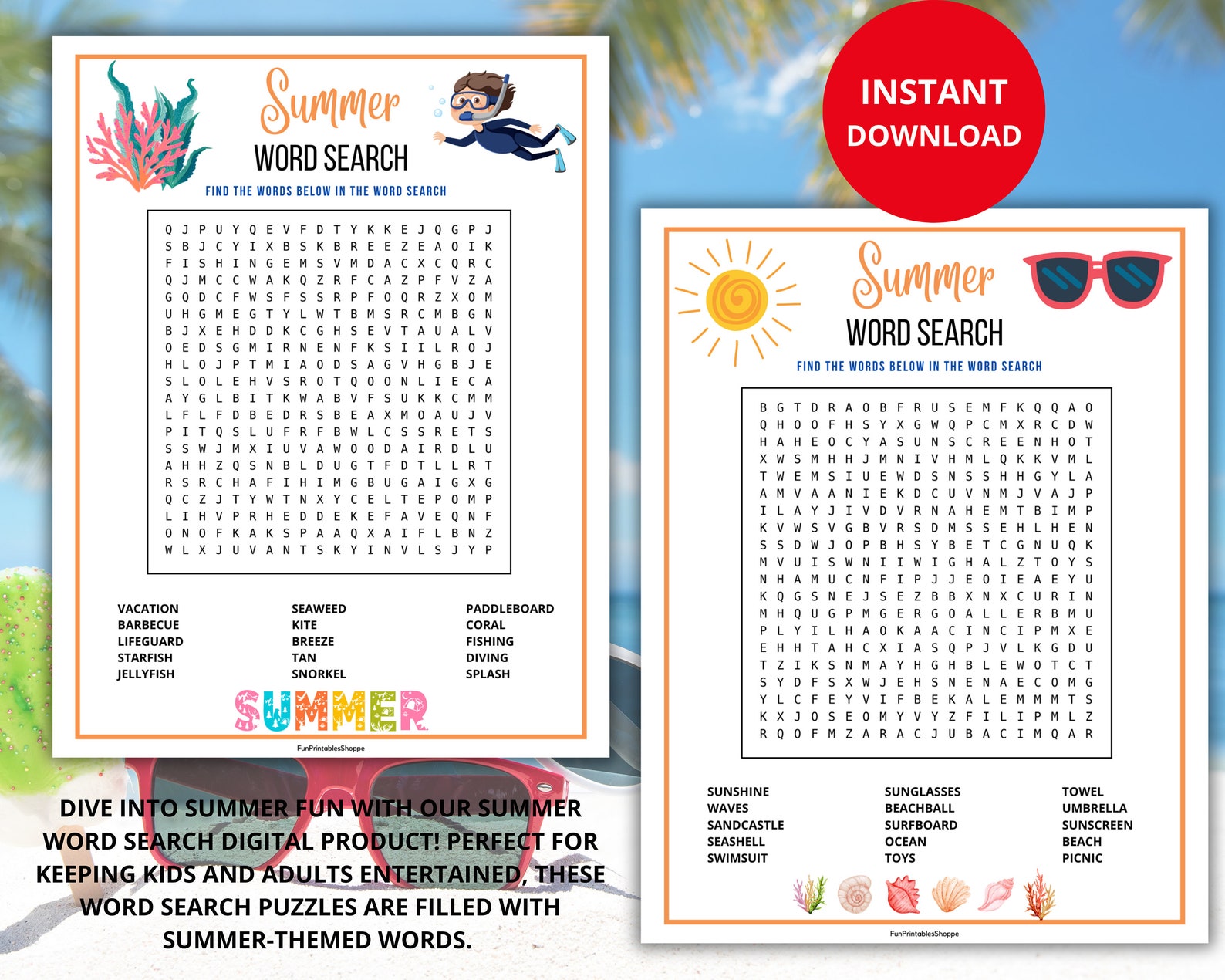 Summer Word Search,summertime Party Game,word Find Game,fun Summer ...