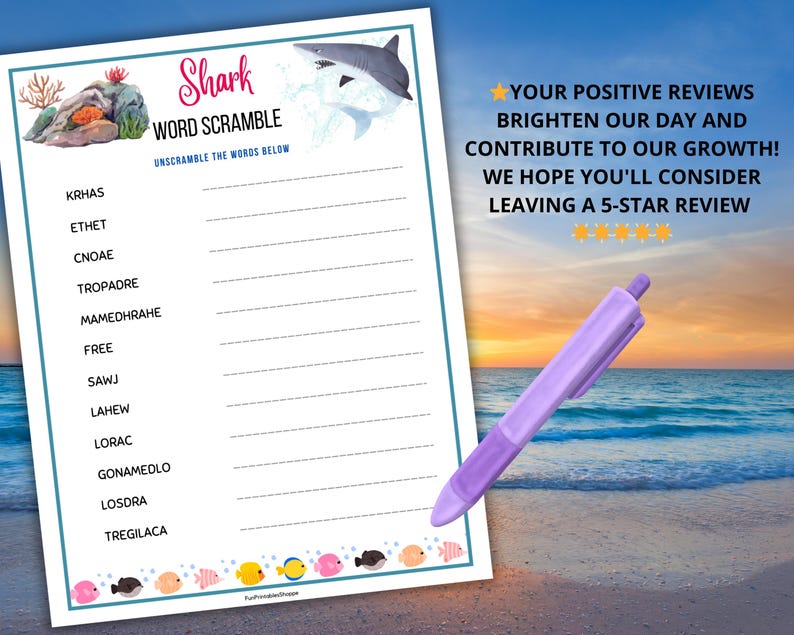 Shark Word Scramble,shark Party Game,word Search,shark Birthday Party ...