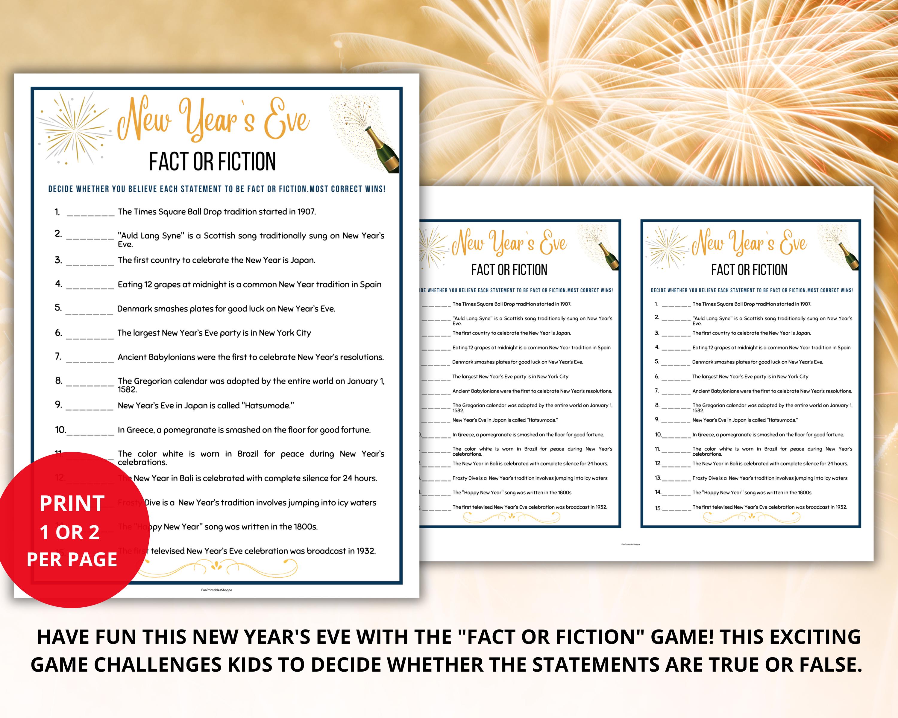 New Year Fact or Fiction Game,new Year Trivia Game,new Year's Eve Game ...