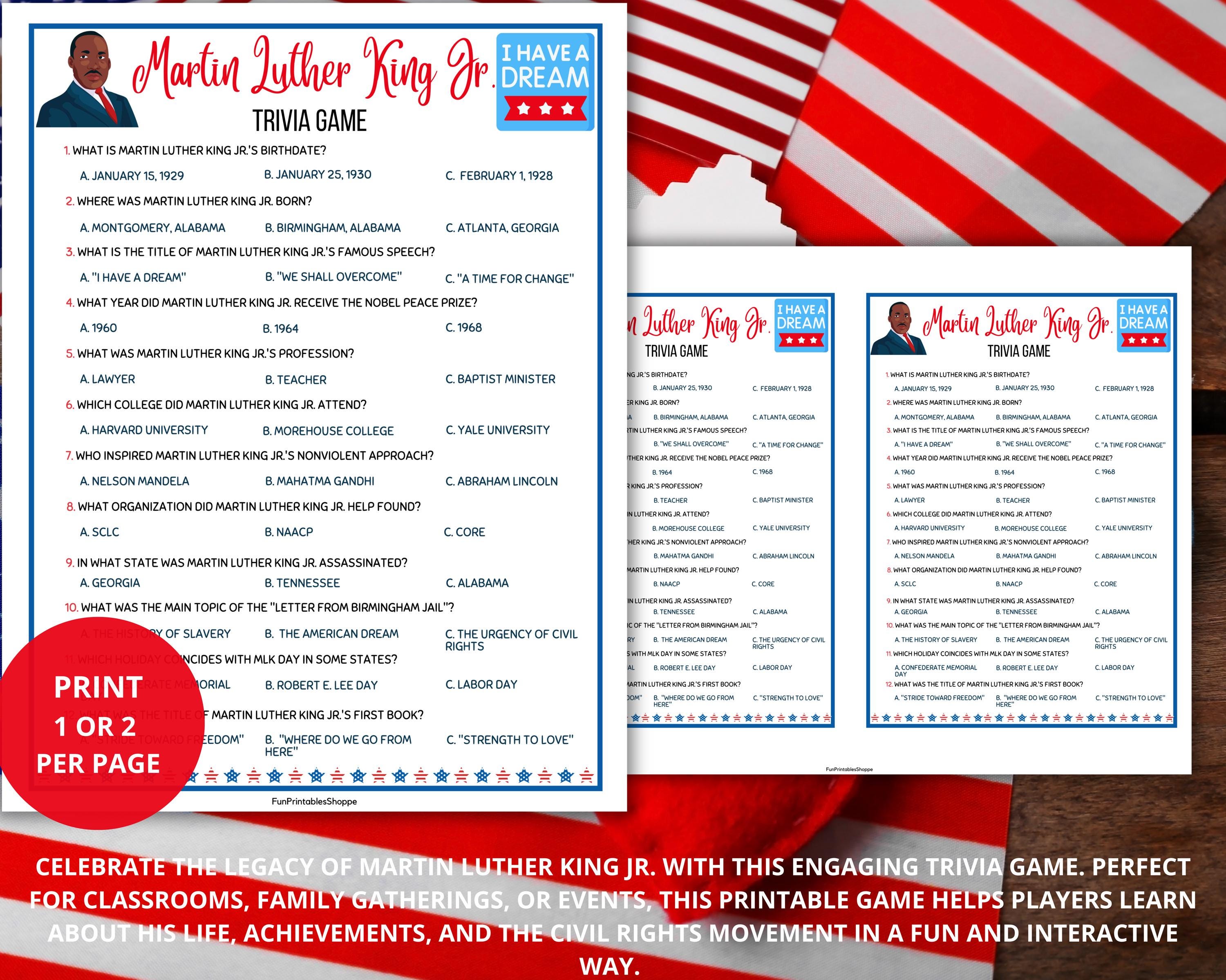 Martin Luther King Jr Trivia Game,mlk Jr Day Trivia,america History ...
