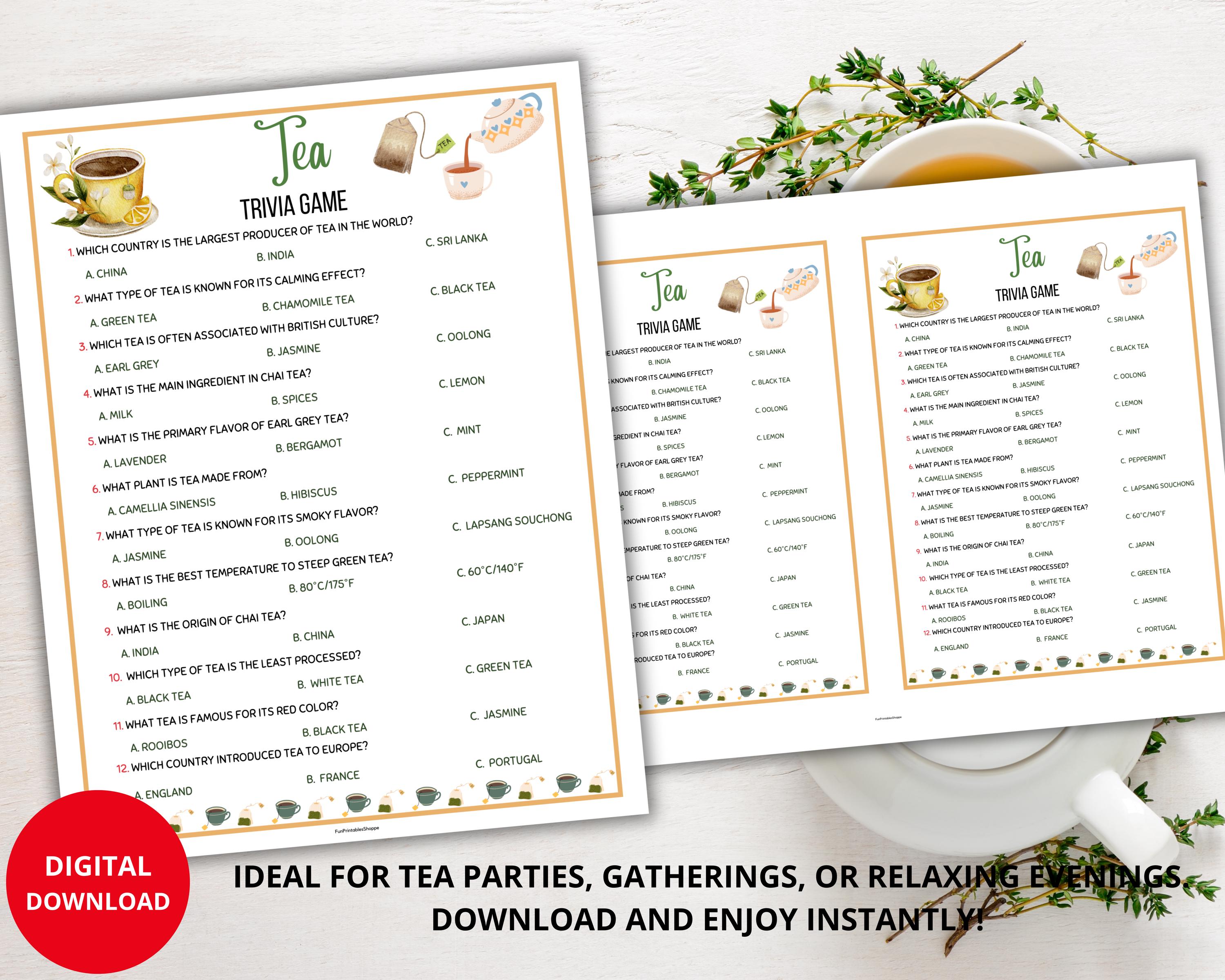 Tea Trivia Game,tea Trivia Quiz,tea Question,tea Games Printable,drink ...