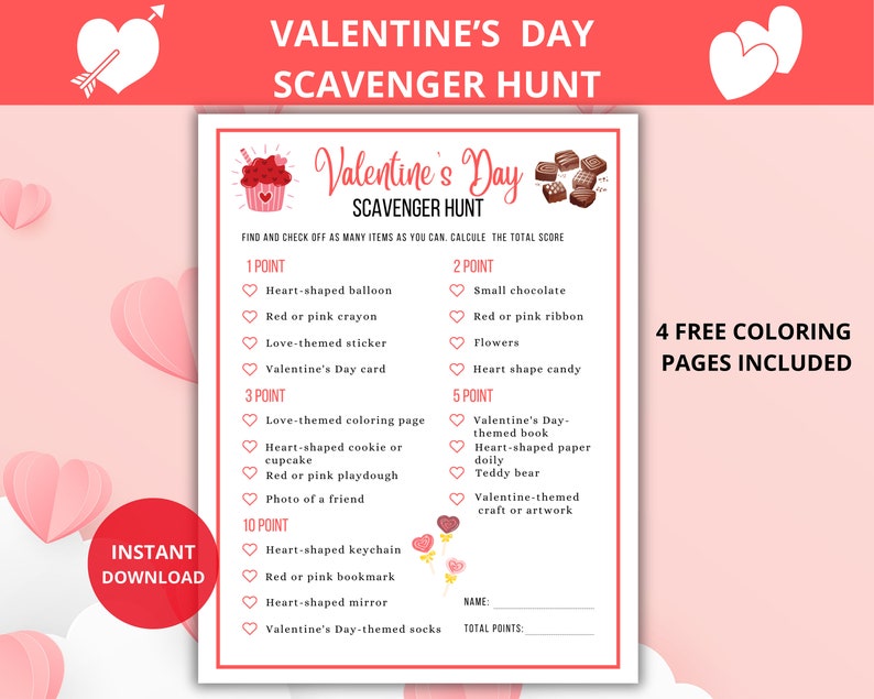 Valentine's Day Scavenger Hunt Printable for Kids,valentines Day Kid ...