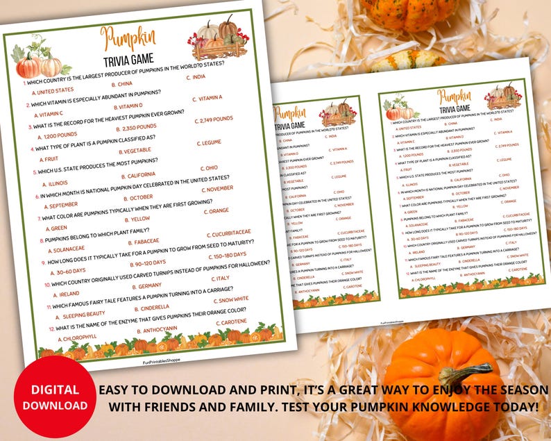 Pumpkin Trivia Game,fall Trivia,autumn Trivia,pumpkin Quiz,october ...