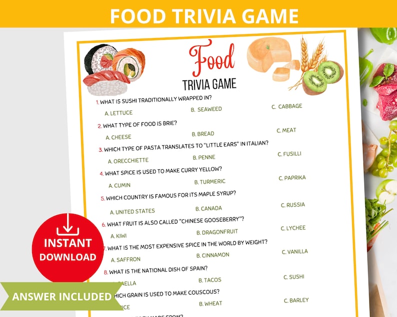 Food Trivia Game,culinary Trivia Game,food Quiz Print,family Food ...