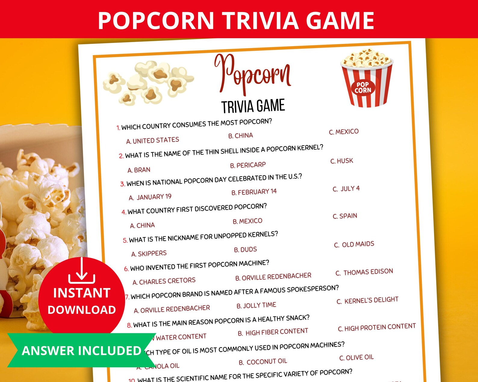Popcorn Trivia Game,popcorn Quiz Game,food Trivia,popcorn Bar Activity ...