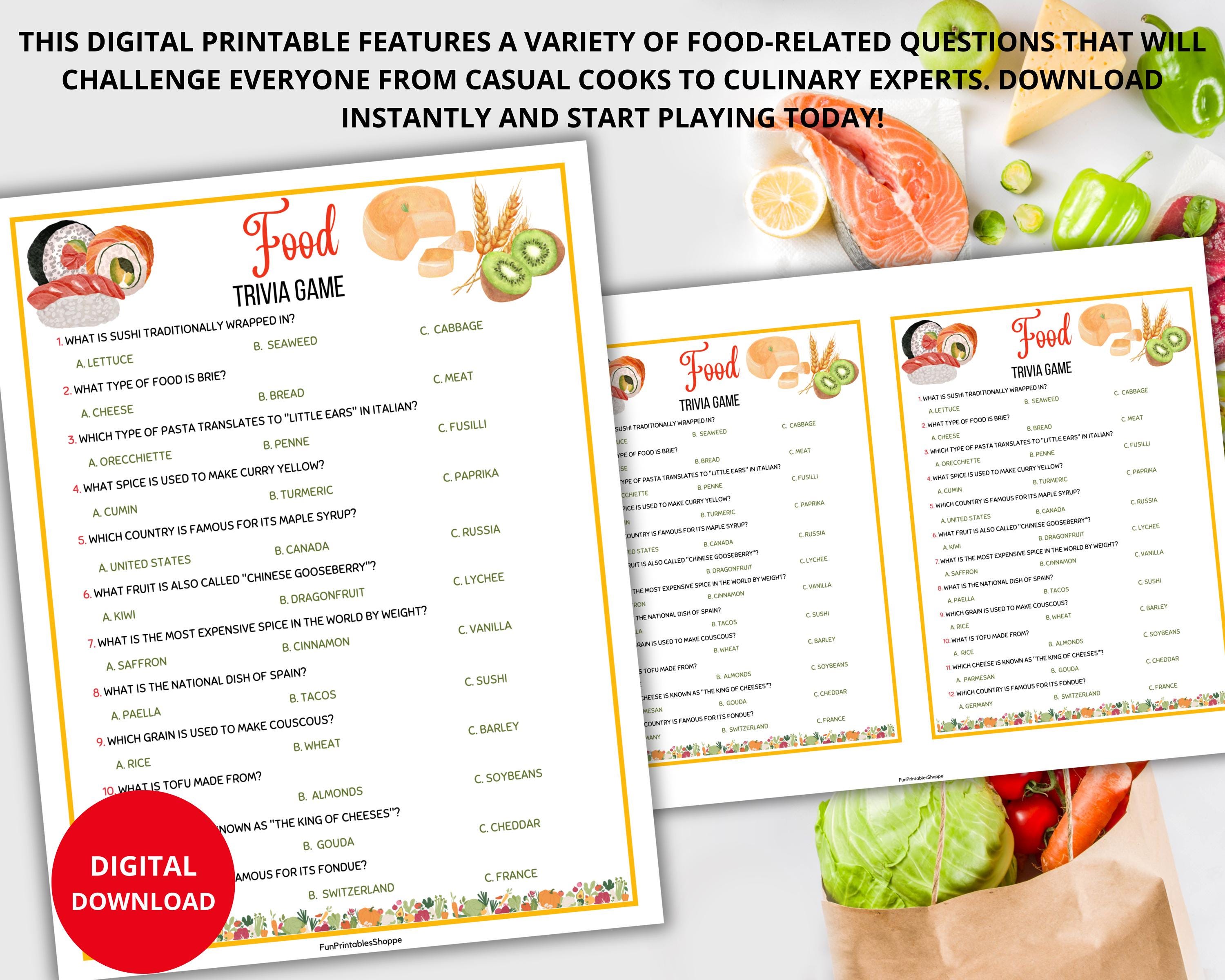 Food Trivia Game,culinary Trivia Game,food Quiz Print,family Food ...