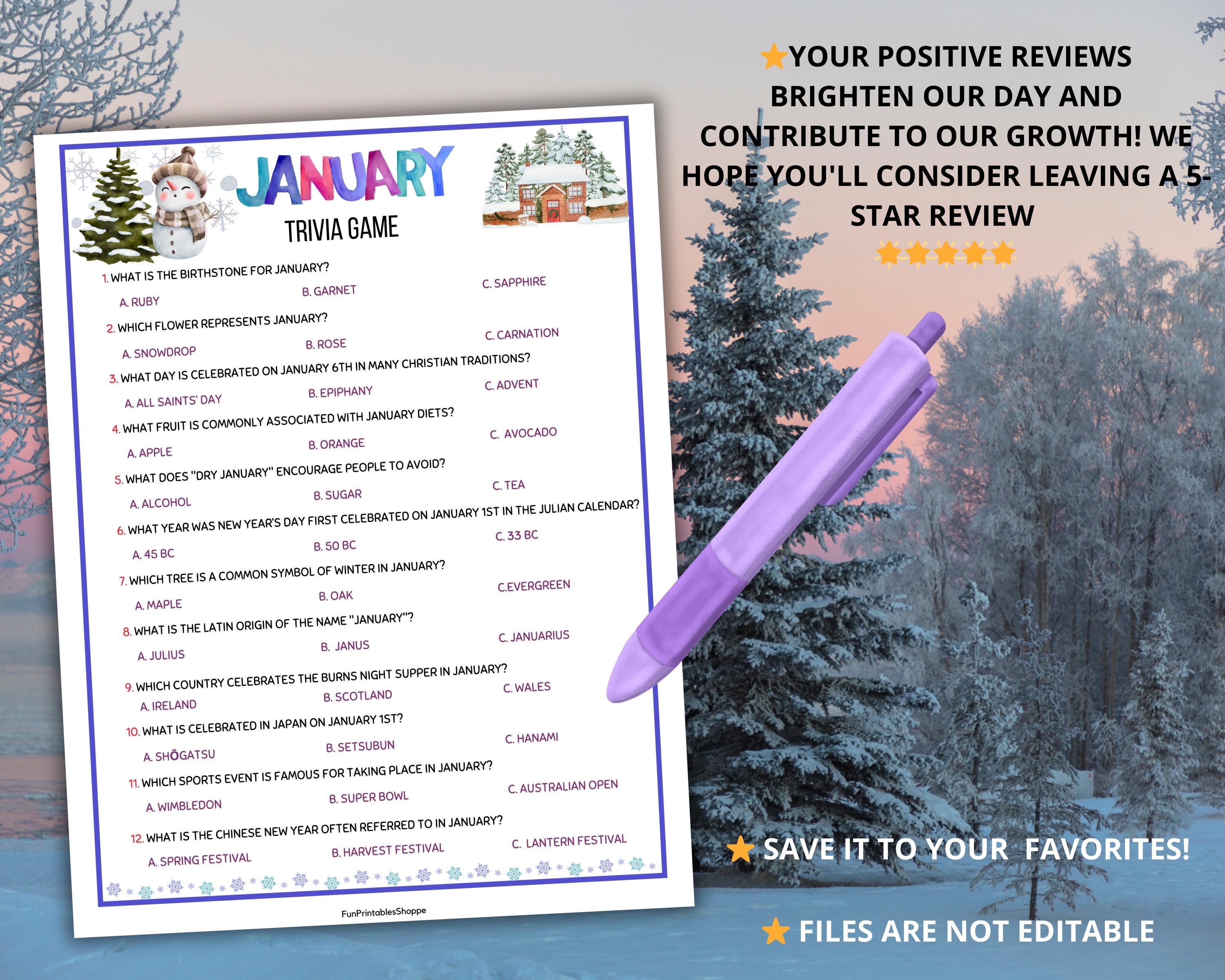 January Trivia Game,winter Trivia,month Trivia,january Quiz,holiday ...
