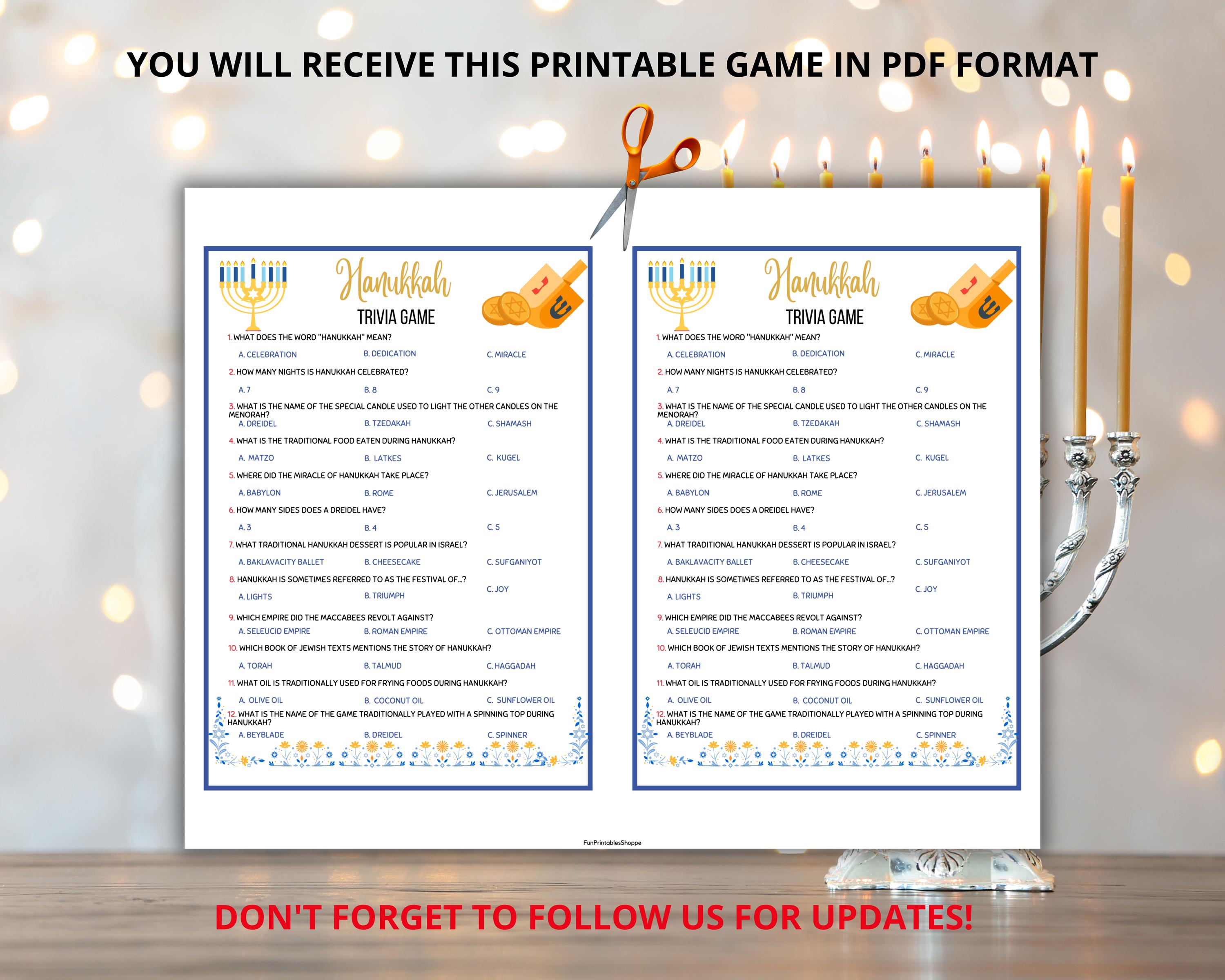 Hanukkah Trivia Game,jewish Trivia,hanukkah Printable Trivia,holiday ...