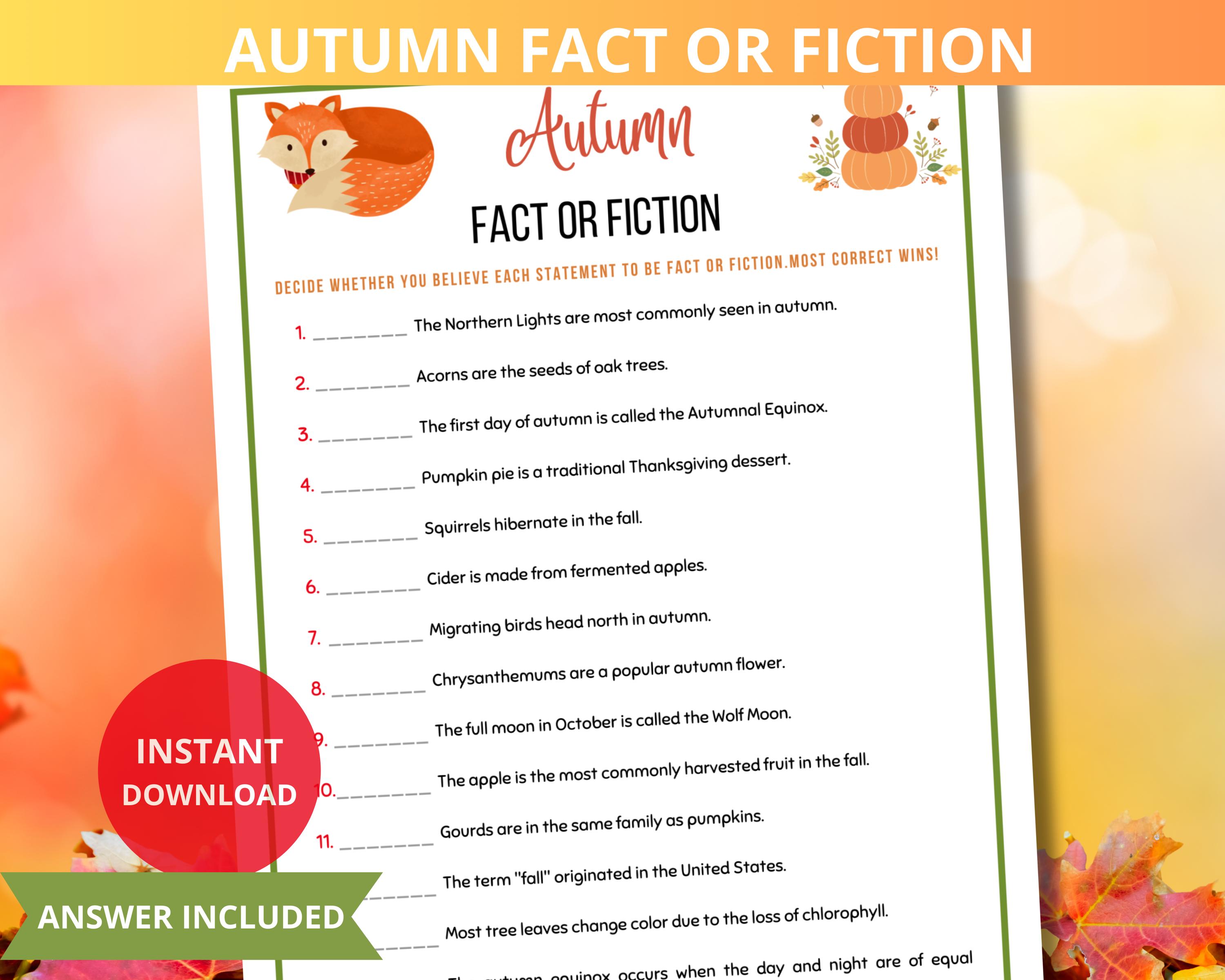 Autumn Fact or Fiction,fall Trivia,fall Trivia Question,autumn Quiz,fun ...