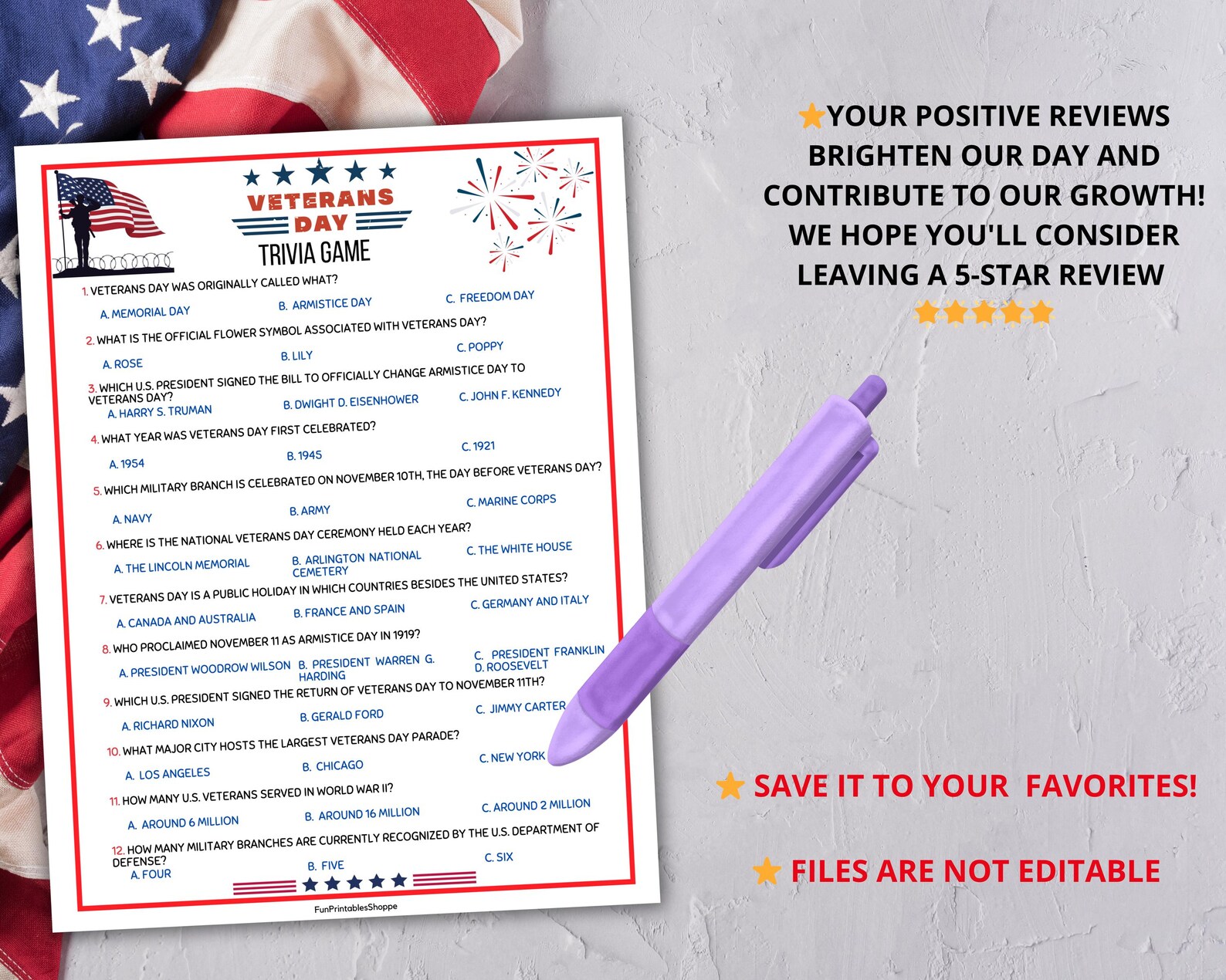 Veterans Day Trivia Game,veterans Day Quiz,patriotic Games,veterans Day ...