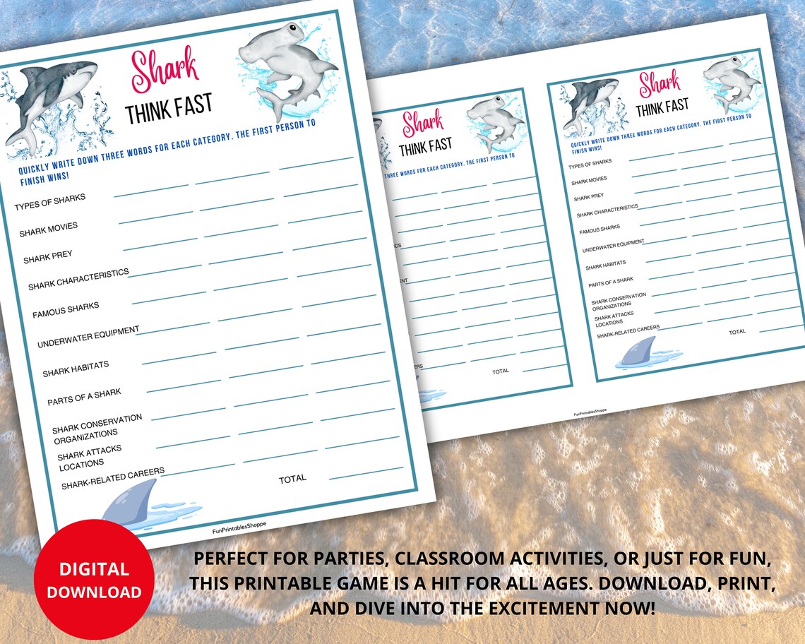 Shark Think Fast Game,summer Activity,shark Week Game,shark Birthday ...