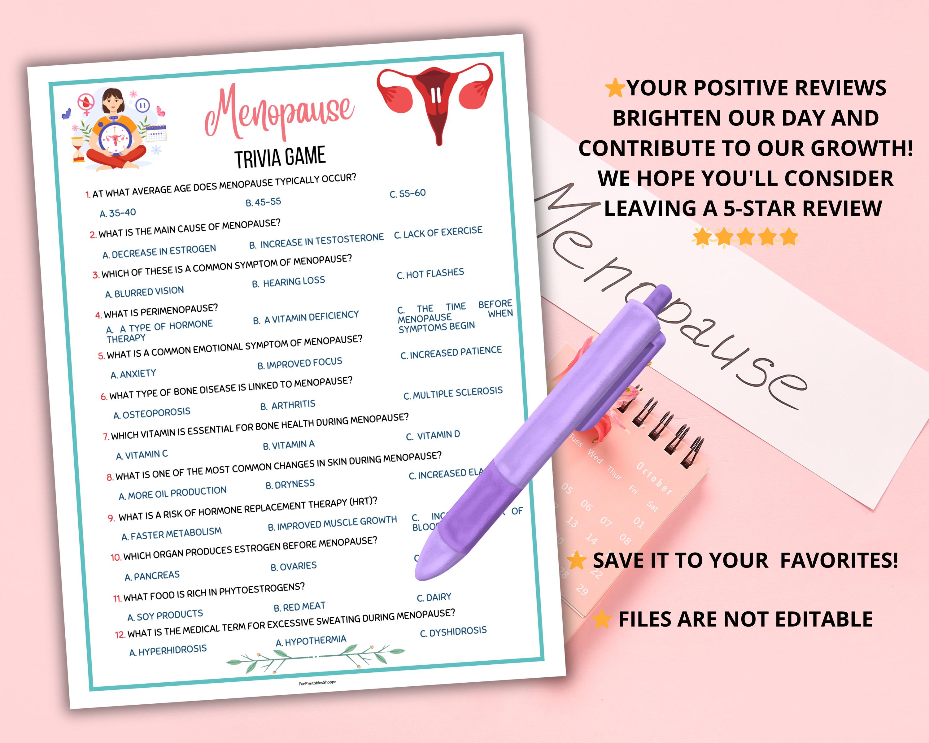 Menopause Trivia,menopause Party Game,menopause Activity,women’s Health ...