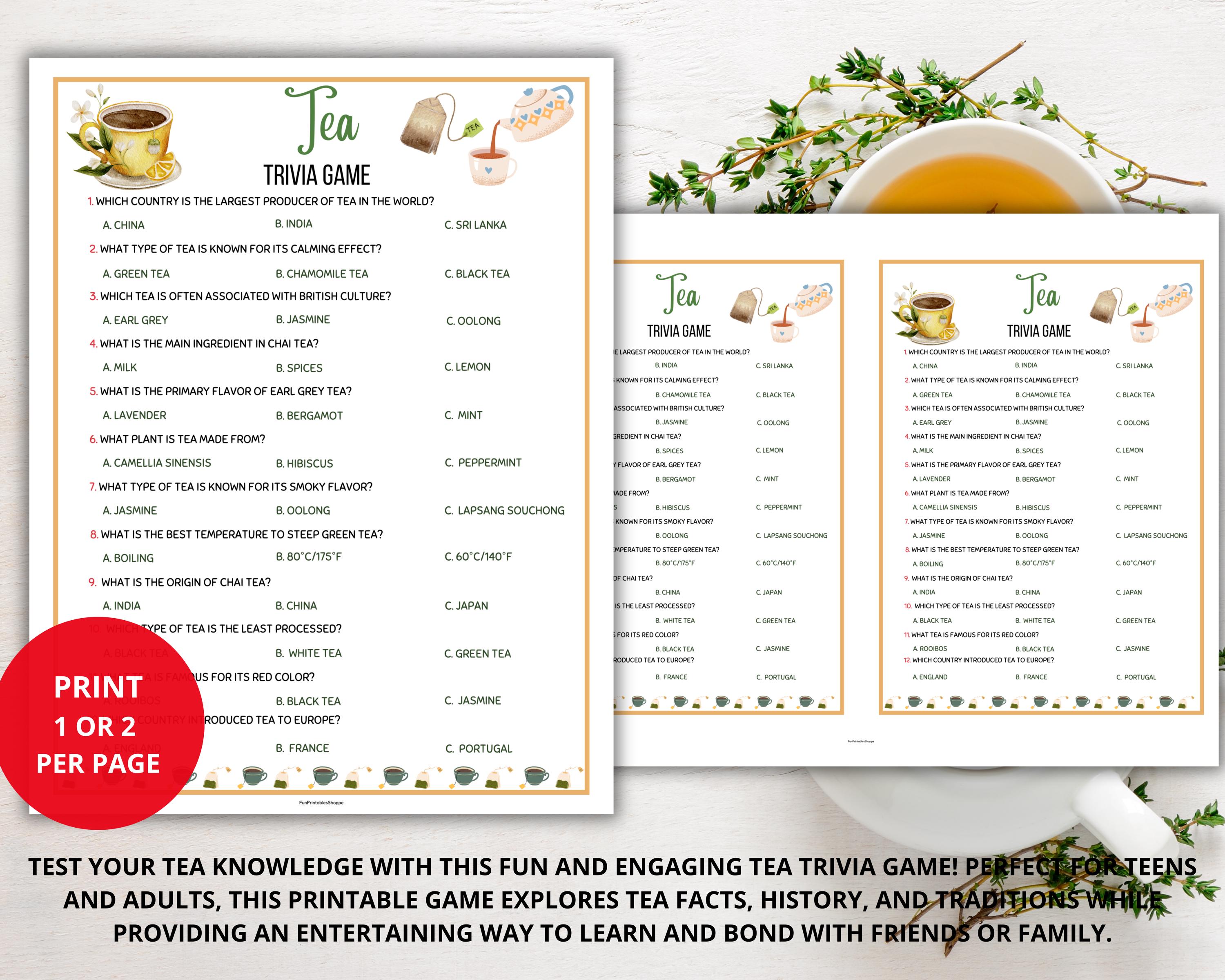 Tea Trivia Game,tea Trivia Quiz,tea Question,tea Games Printable,drink ...