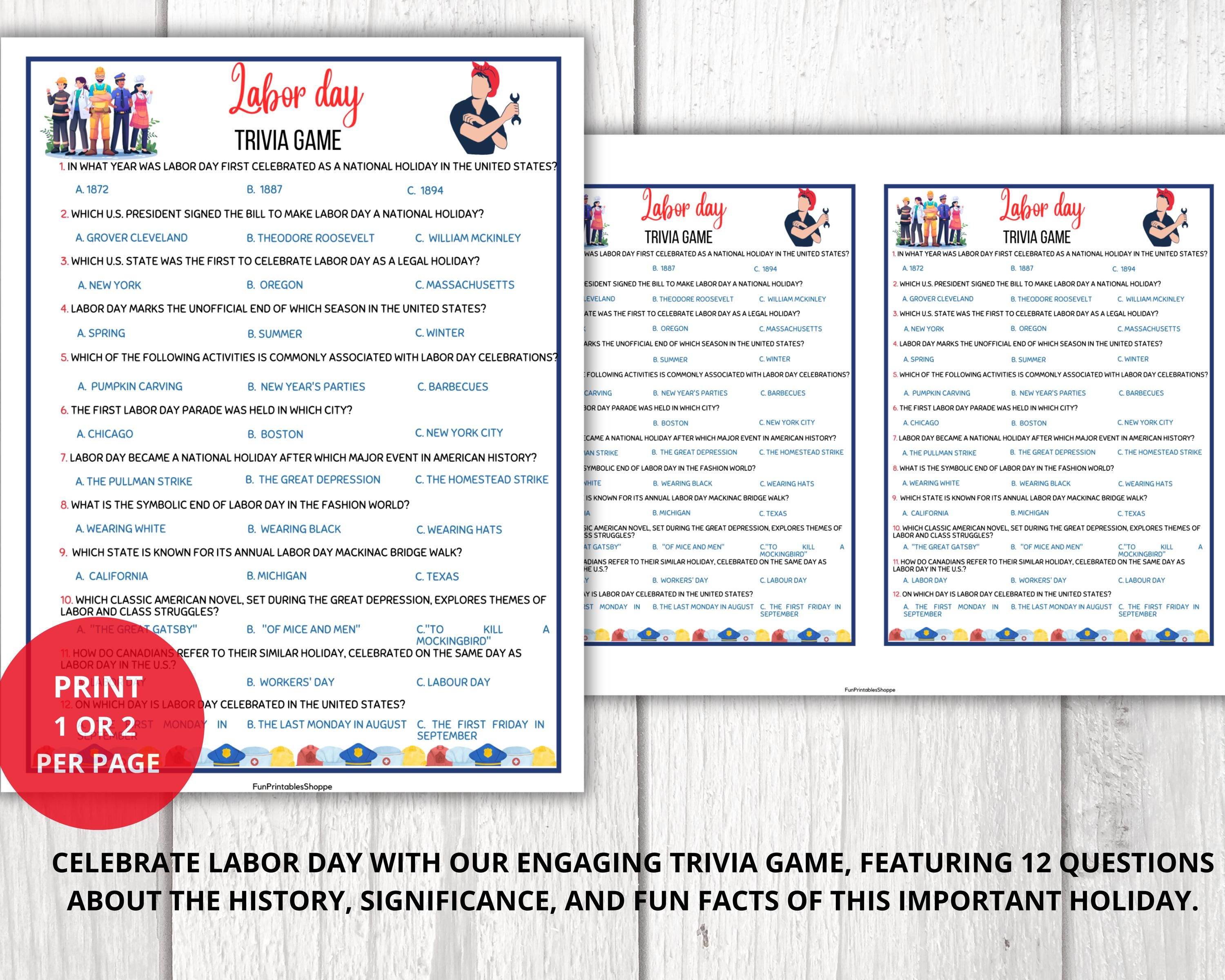 Labor Day Trivia,labor Day Party Games,labor Day Activity,family ...