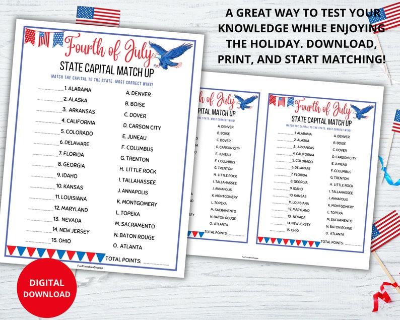 Fourth of July State Capital Match,july 4th Party Game,4th of July ...