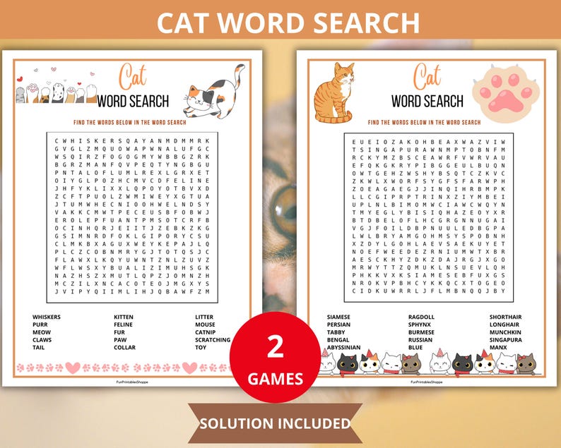 Cat Word Search,animal Word Puzzle,cat Party Game,vocabulary Game,word ...