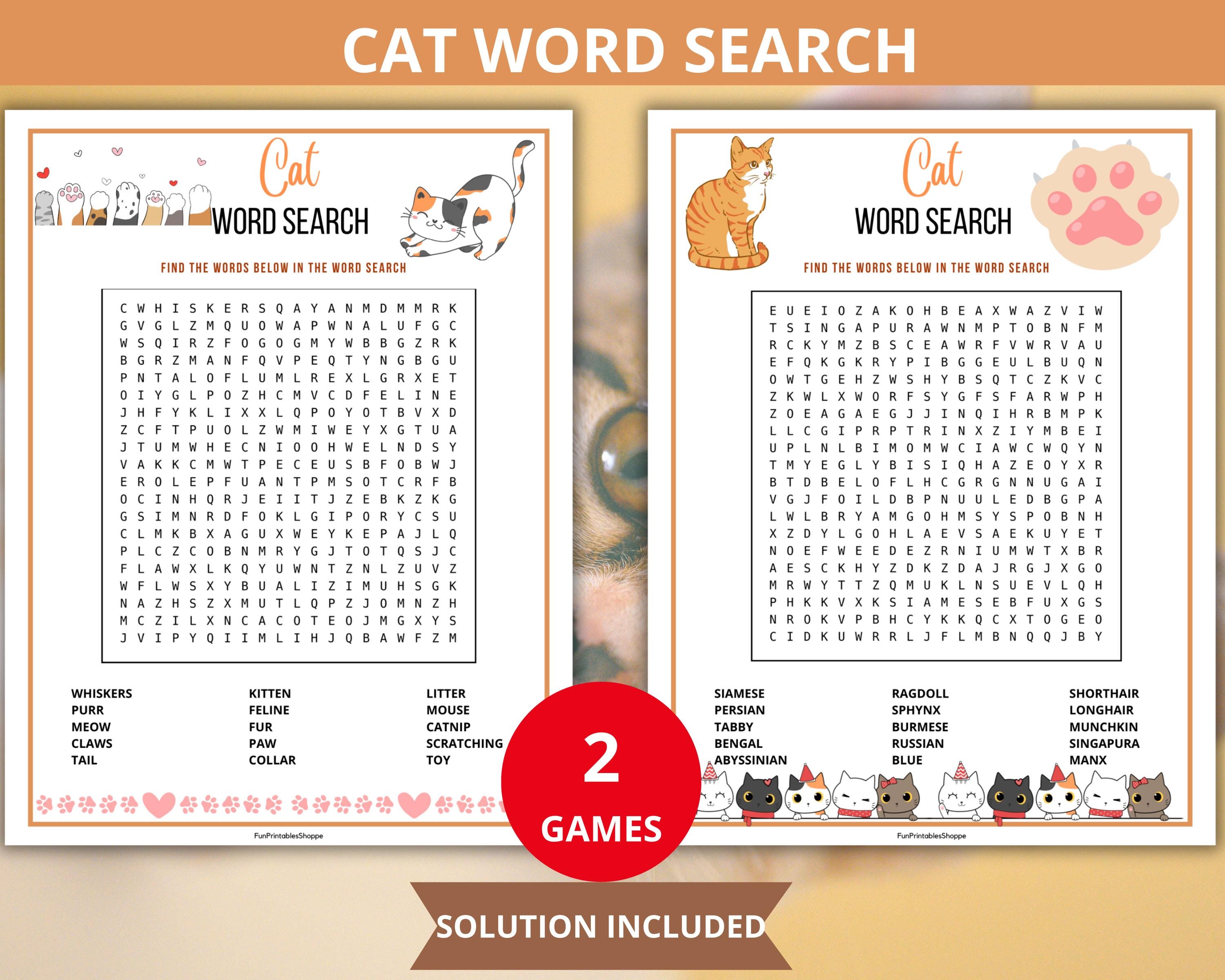 Cat Word Search,animal Word Puzzle,cat Party Game,vocabulary Game,word ...