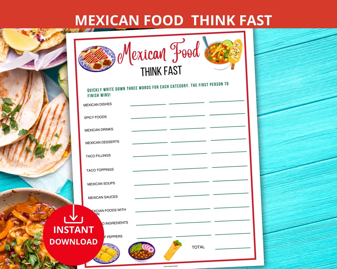 Mexican Food Game,mexican Party Think Fast Game,taco Party Game,cinco ...